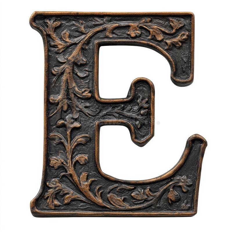 A Decorative Letter "E" Featuring Intricate Floral Designs in a Bronze ...