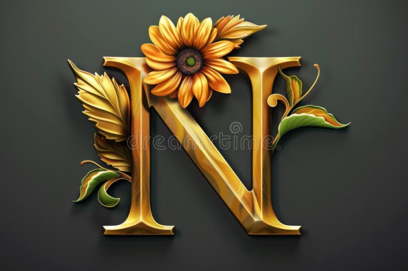 A Decorative Letter N Adorned with a Sunflower Stock Illustration ...