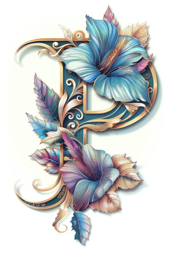 A Decorative Letter P Adorned with Flowers and Leaves Stock Image ...