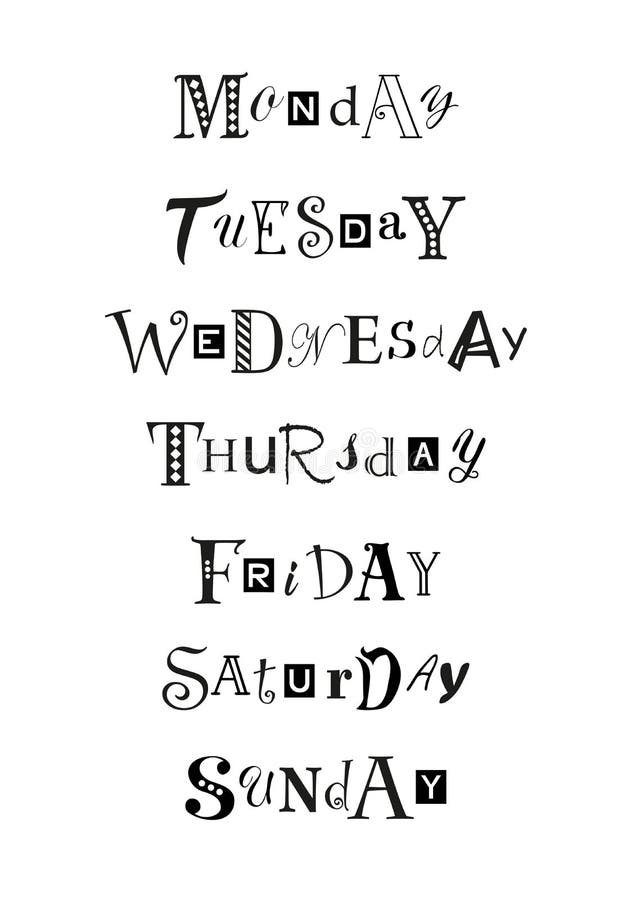 Decorative Lettering Set of Days of the Week with Different Letters in ...