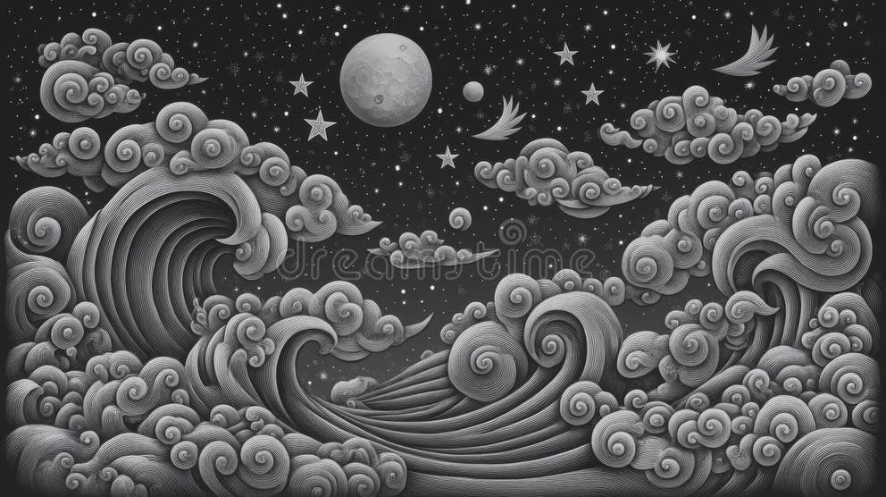 Decorative Line Drawing Depicting Atmospheric Elements Stock Image ...