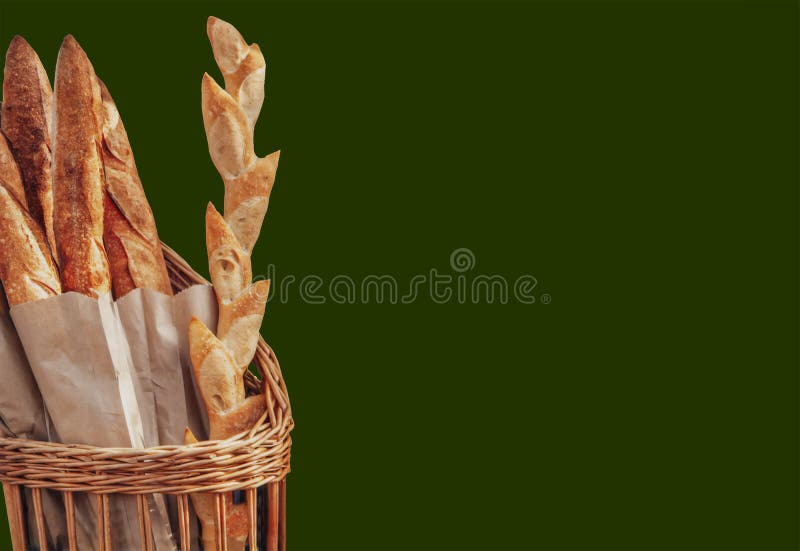 Decorative Loaves of Bread in a Basket Isolated on Green Background ...