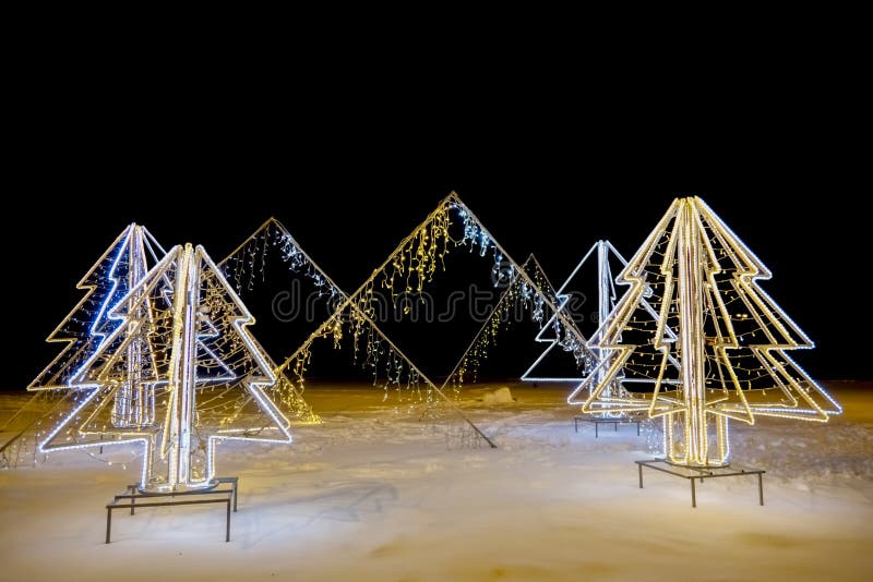 Decorative Luminous Christmas Tree in the Snow Stock Image - Image of ...