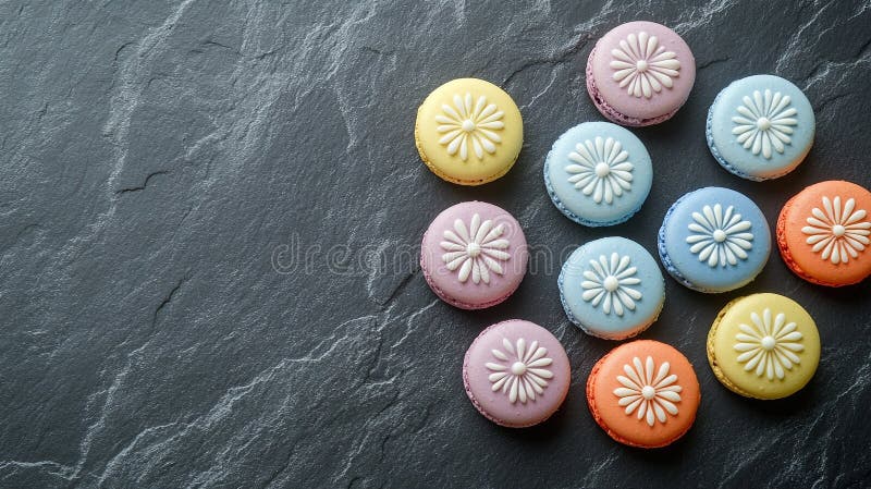 Decorative Macarons on a Grey Slate Surface, Top View, with Room for ...