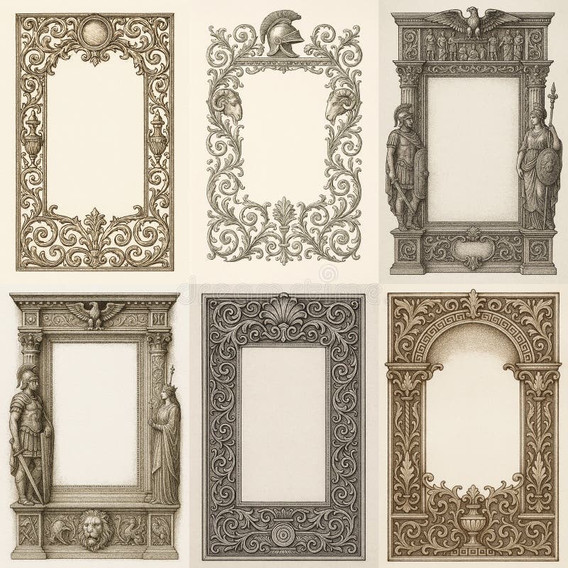 Decorative Medieval Roman Framework Engravings Set Stock Illustration ...