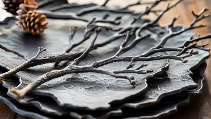 Decorative Metal Tree Branches Laying on Black Plates Stock Video ...