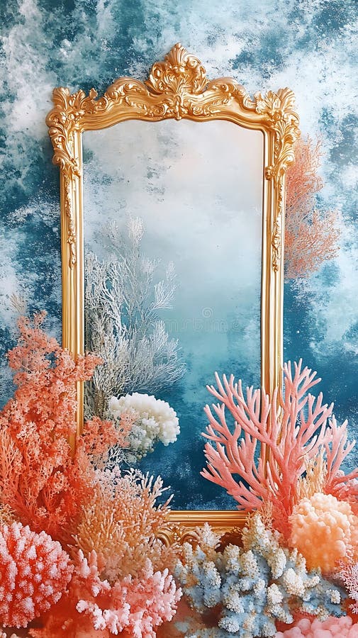 A Decorative Mirror Features an Ocean Theme with Coral Reef Decorations ...