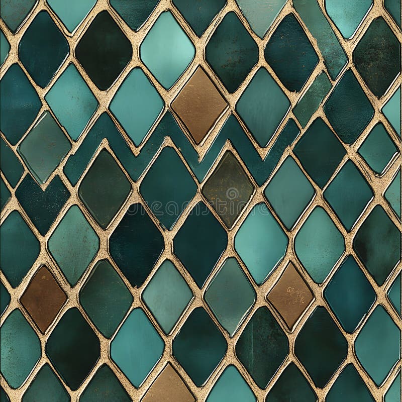 A Decorative Mosaic Pattern Featuring Teal and Gold Diamond Shapes ...