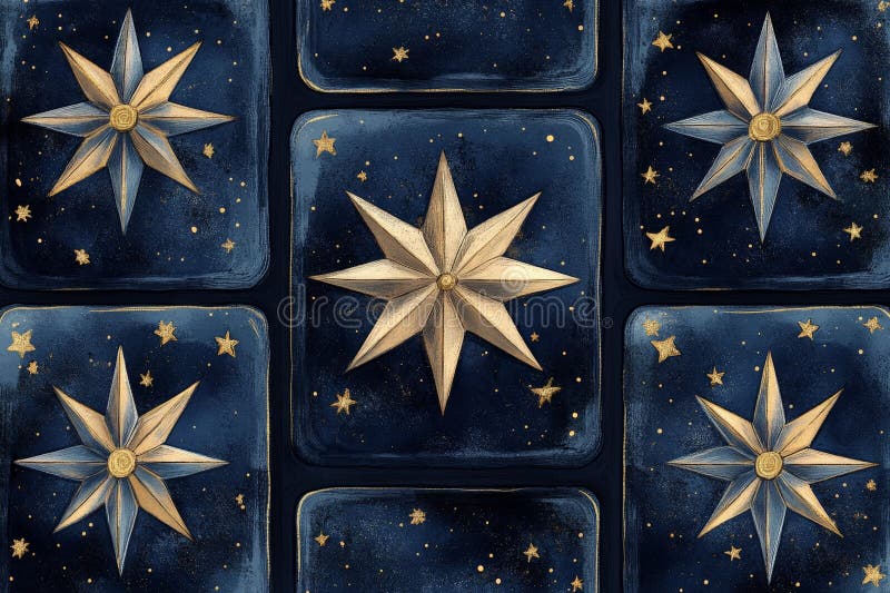 Decorative Mosaic Tile Pattern Featuring Golden Stars Against a Deep ...
