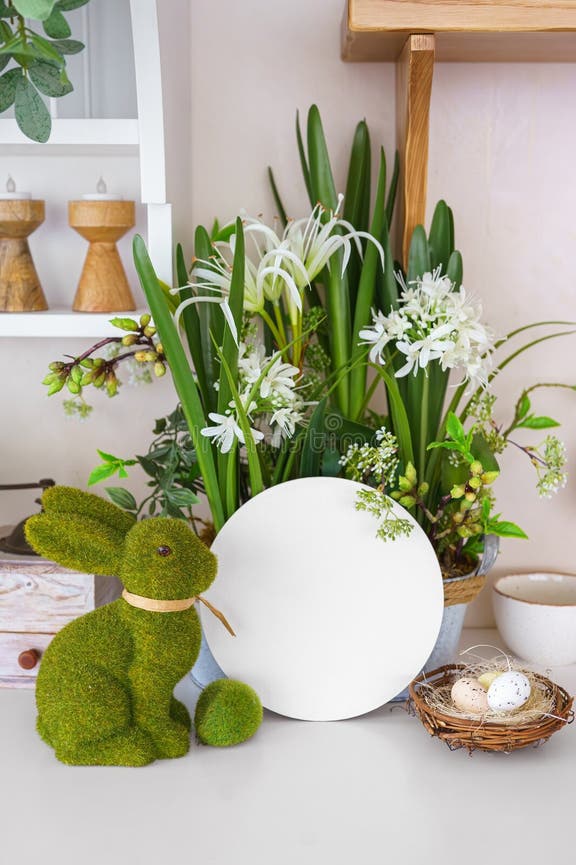 Decorative Moss Bunny and Blank Round Shape and Spring Flowers and Eggs ...