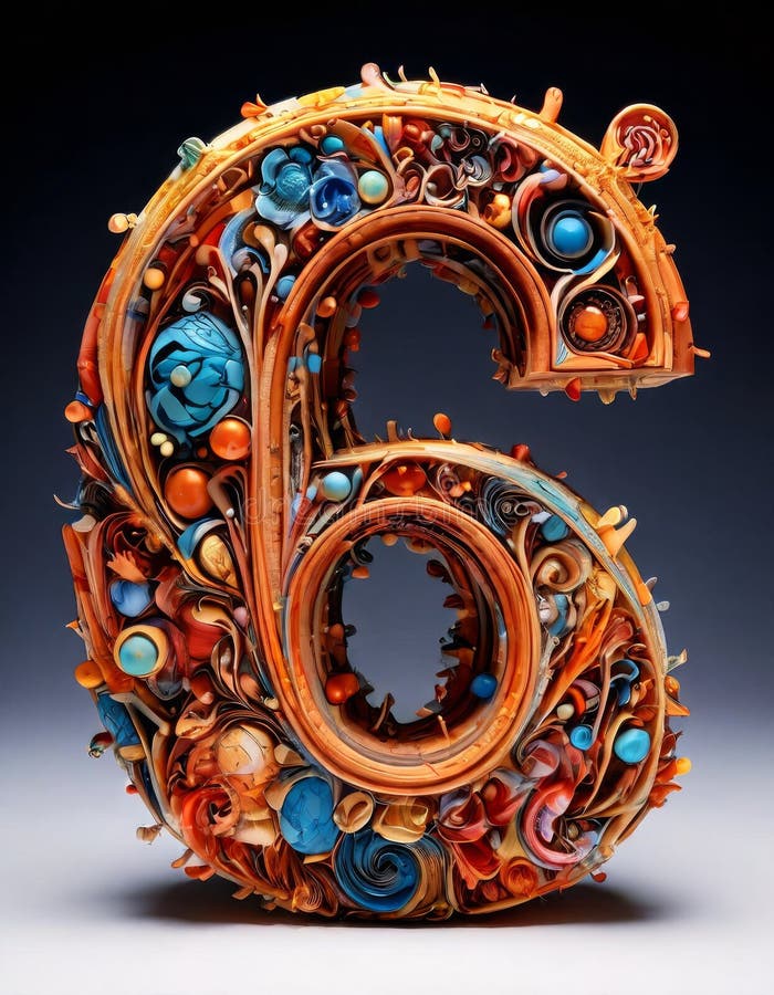 Ornate Number 6 with Swirling Orange and Blue Mechanical Elements Stock ...