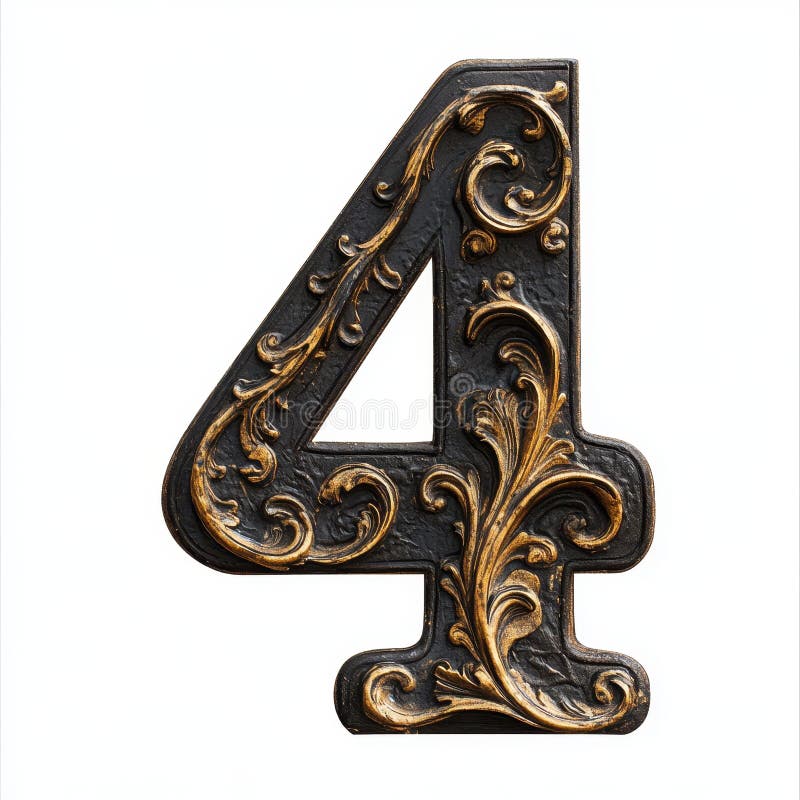A Decorative Number Four with Ornate Designs in Gold and Black Stock ...