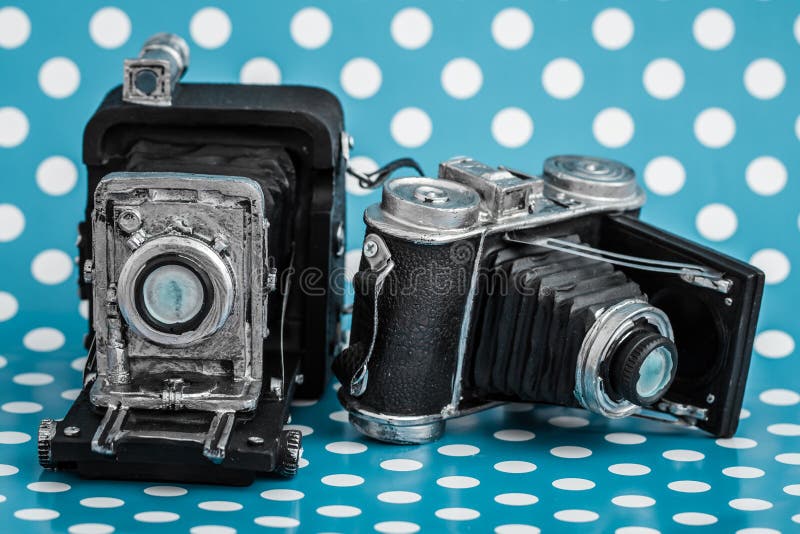 Decorative Old Antique Cameras on Blue Background Stock Image - Image ...
