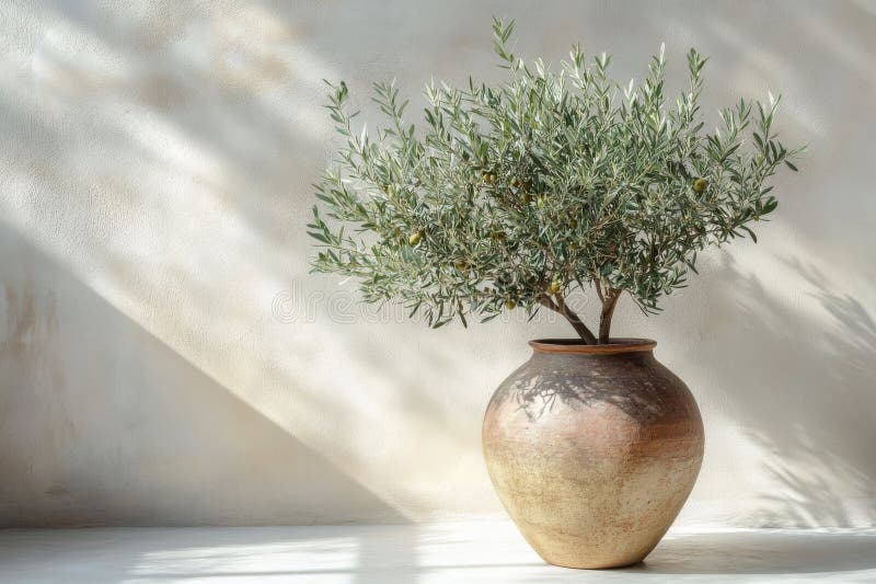 A Decorative Olive Tree Plant in a Rustic Pot on a Sunlit Tabletop ...