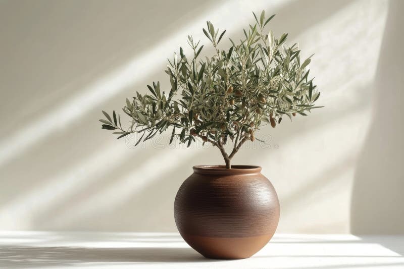 A Decorative Olive Tree Plant in a Rustic Pot on a Sunlit Tabletop ...