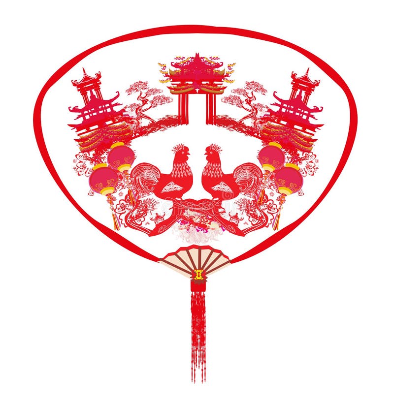 Decorative Opened Fan with Patterns - Year of Rooster Design Stock ...