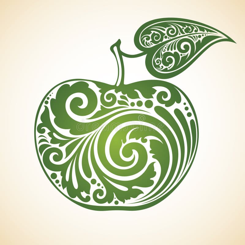 Decorative Ornamental Green Apple with a Leaf Stock Vector ...