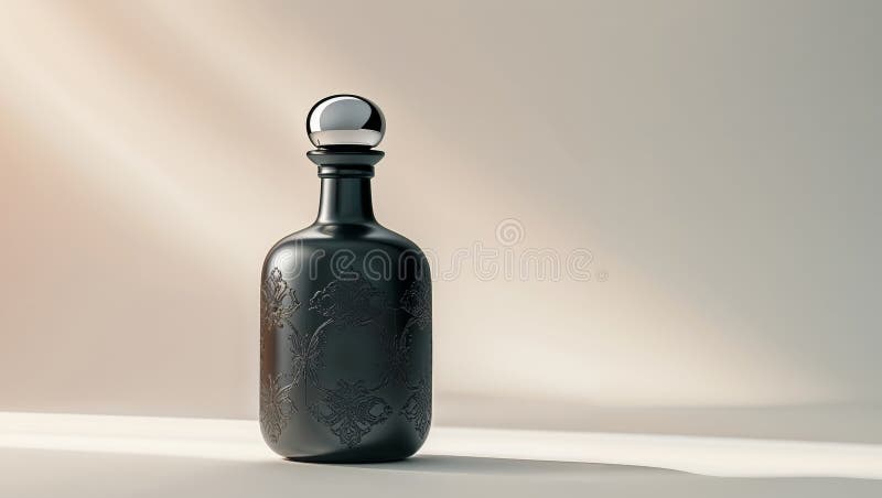 A Decorative Ornate Dark Bottle with a Metal Cap on Display. Stock ...