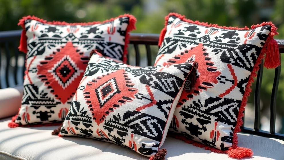 Decorative Outdoor Pillows with Red Geometric Patterns on a Garden ...