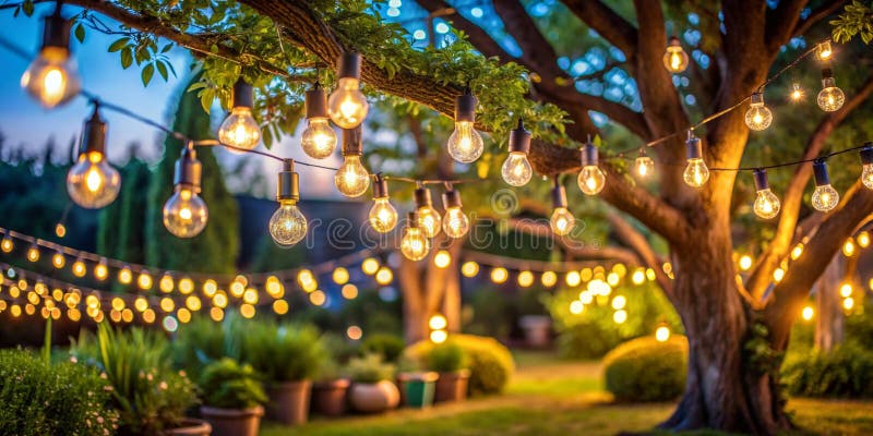 Decorative Outdoor String Lights Hanging on Tree in the Garden at Night ...