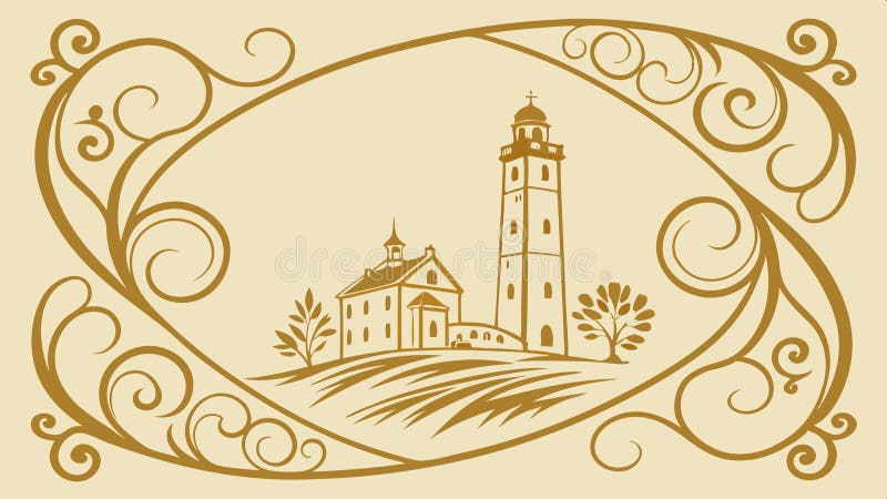 Decorative Oval Frame with Landscape and Lighthouse Vector Design ...