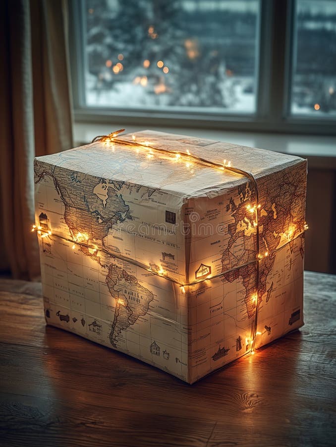 Decorative Parcel Wrapped in a World Map Adorned with Twinkling Lights ...