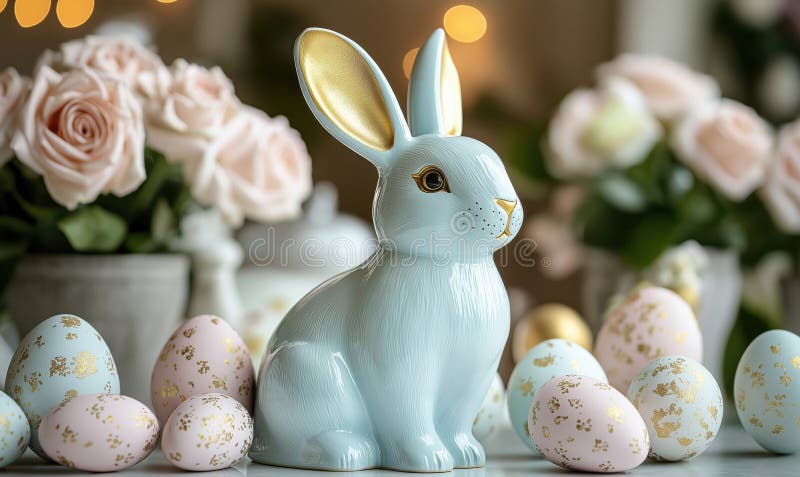 Decorative Pastel Blue Rabbit Figurine Surrounded by Elegant Easter ...