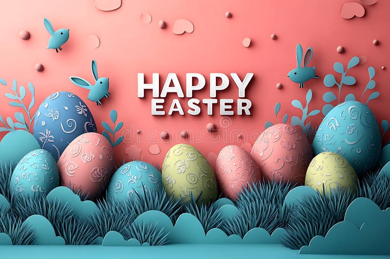 Decorative Pastel Eggs, Blue Paper Rabbits and Floral Elements, Pink ...