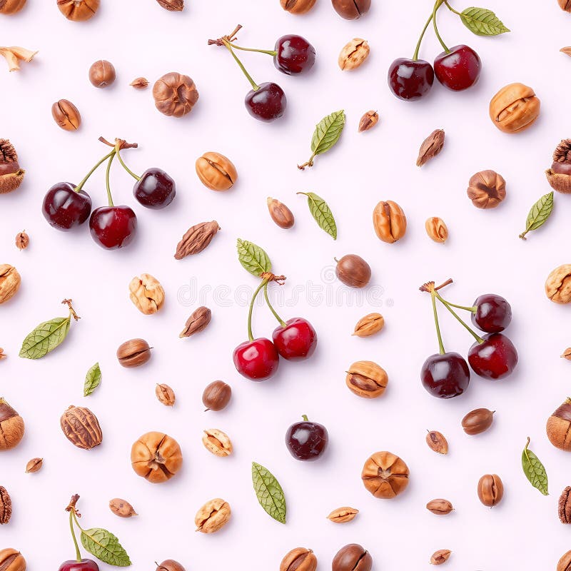 A Decorative Pattern of Dried Cherries and Nuts on a Pastel Lavender ...