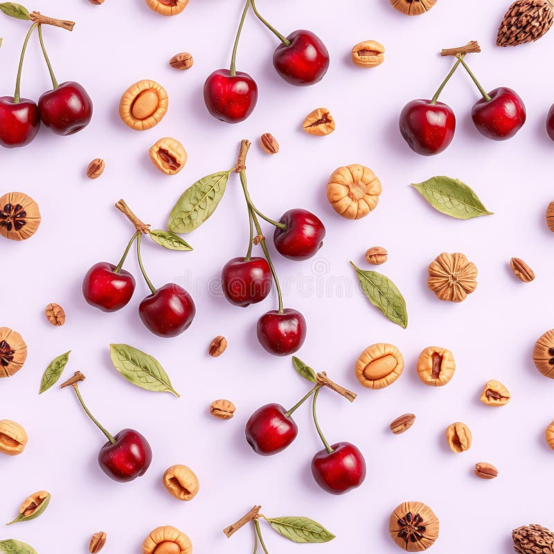 A Decorative Pattern of Dried Cherries and Nuts on a Pastel Lavender ...