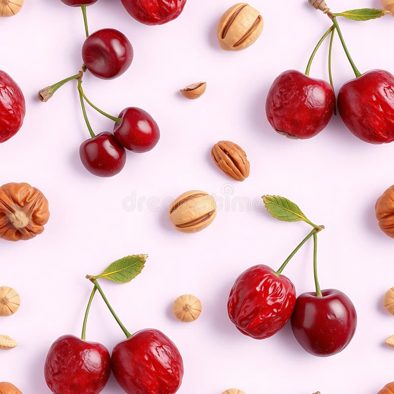 A Decorative Pattern of Dried Cherries and Nuts on a Pastel Lavender ...