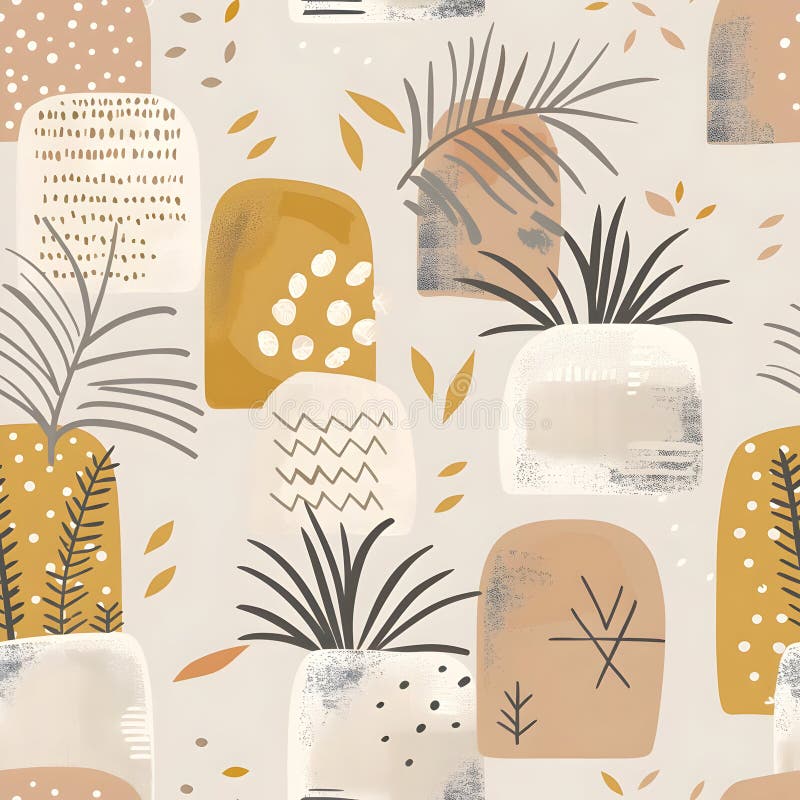 A Decorative Pattern Featuring Abstract Plants and Shapes in Warm Tones Stock Illustration ...
