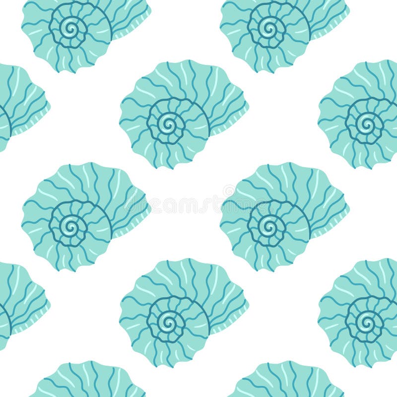 Decorative Pattern Featuring Blue Spiraled Shells on a White Background ...