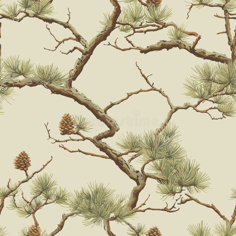 A Decorative Pattern Featuring Branches, Pine Needles, and Cones on a ...