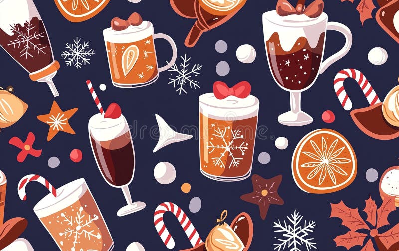Decorative Pattern Featuring Festive Drinks and Holiday Elements on a ...