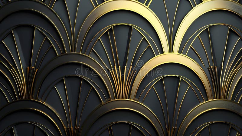 A Decorative Pattern Featuring Golden Fan Shapes on a Dark Background ...