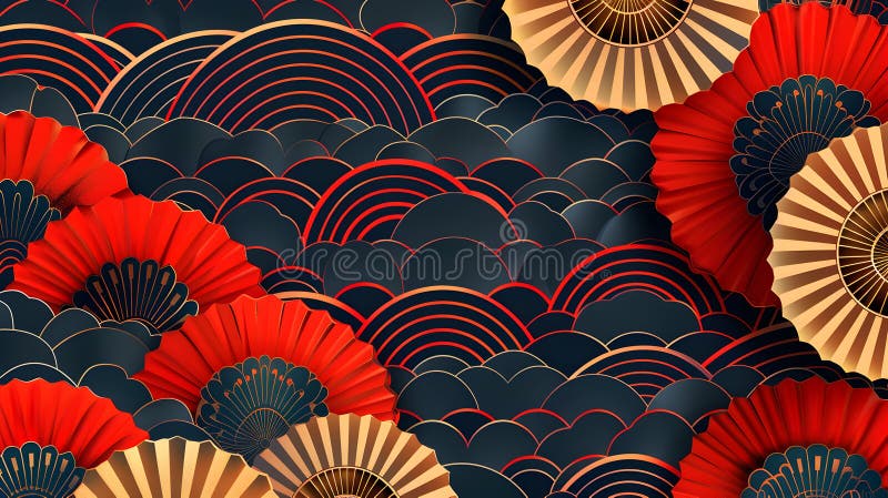 A Decorative Pattern Featuring Red and Gold Fans Against a Dark, Wave ...