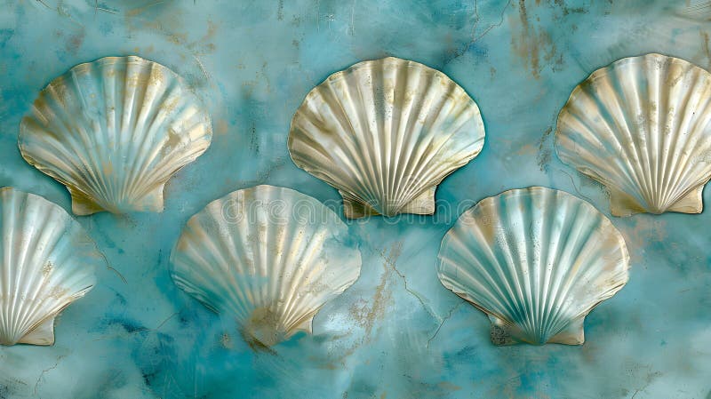 A Decorative Pattern Featuring Seashells on a Textured Teal Background ...