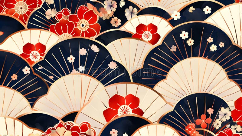 A Decorative Pattern Featuring Stylized Fans and Floral Designs in Rich ...