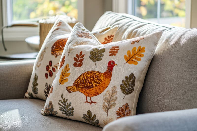 Decorative Pillows with Fall Foliage and Bird Design on a Couch Stock ...