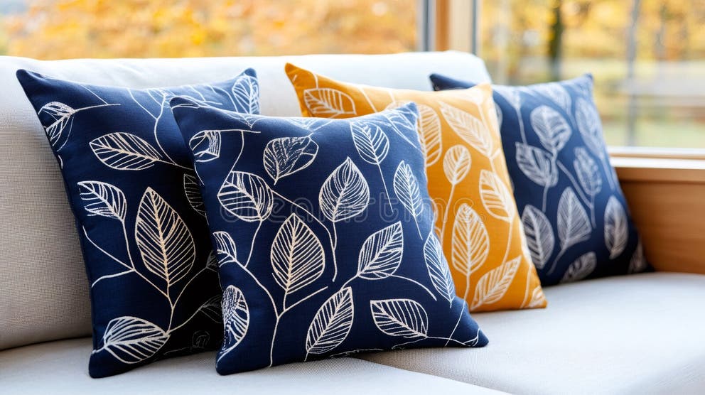 Decorative Pillows with Leaf Patterns are Decorating a Modern Sofa ...