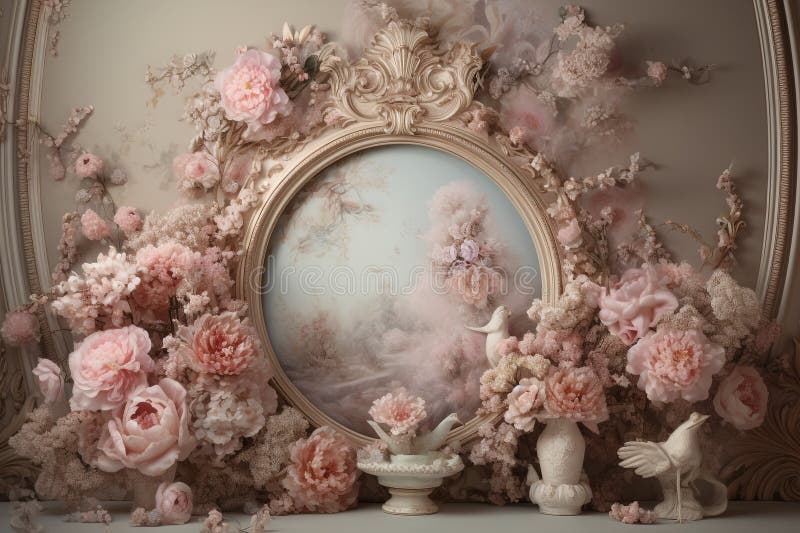 Decorative Pink Bloom Flowers and Mirror Frame in Rococo Style ...