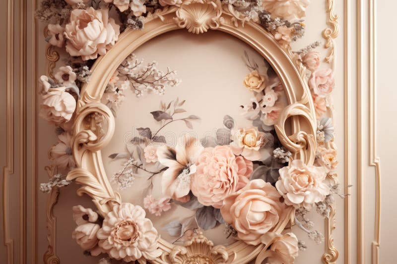 Decorative Pink Bloom Flowers and Mirror Frame in Rococo Style ...