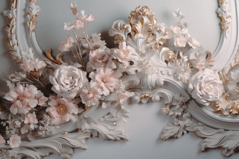 Decorative Pink Bloom Flowers and Mirror Frame in Rococo Style ...
