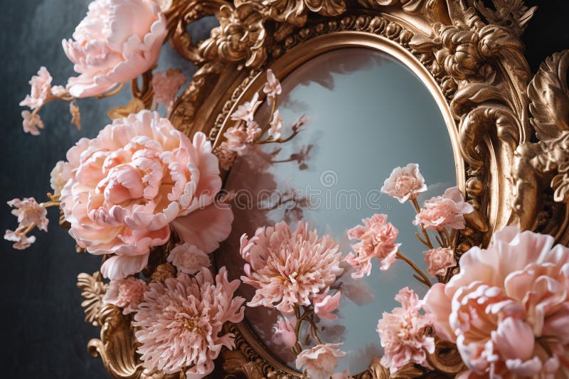 Decorative Pink Bloom Flowers and Mirror Frame in Rococo Style ...