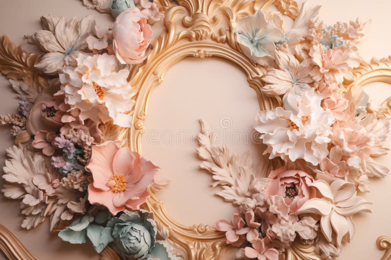 Decorative Pink Bloom Flowers and Mirror Frame in Rococo Style ...