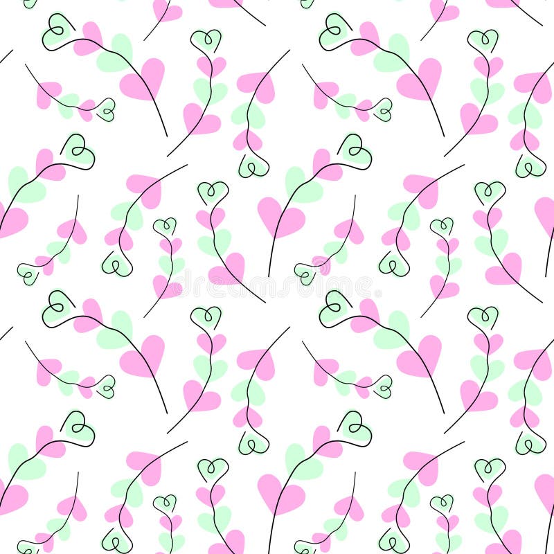 Decorative Pink and Green Hearts Shape Twigs Seamless Pattern Abstract ...