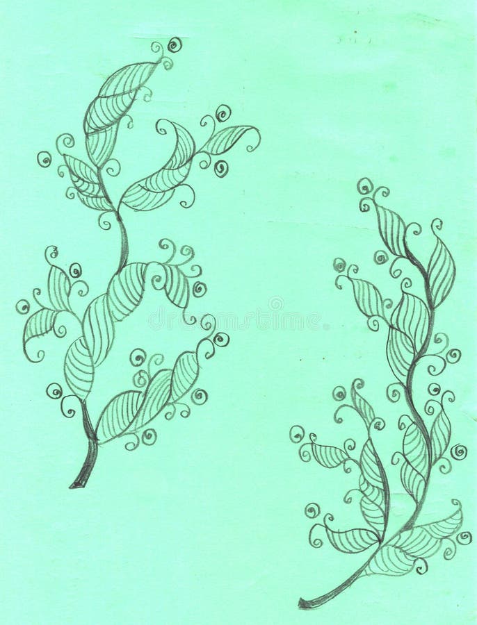 Decorative Plant Elements Pencil Drawing on Green Background Stock ...