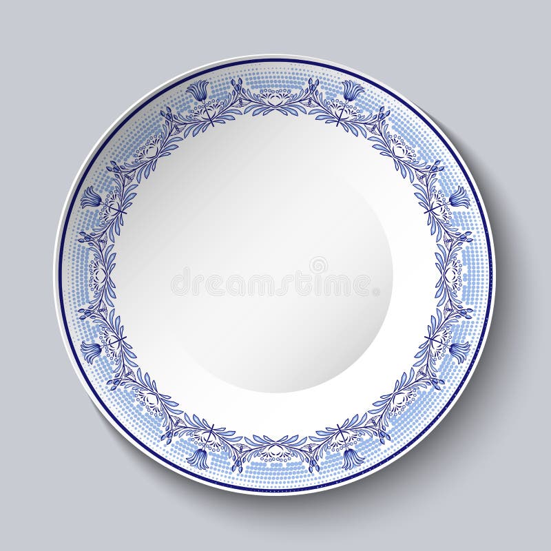Plate with Blue Ornament on Edge. Template Design in Ethnic Style Gzhel ...