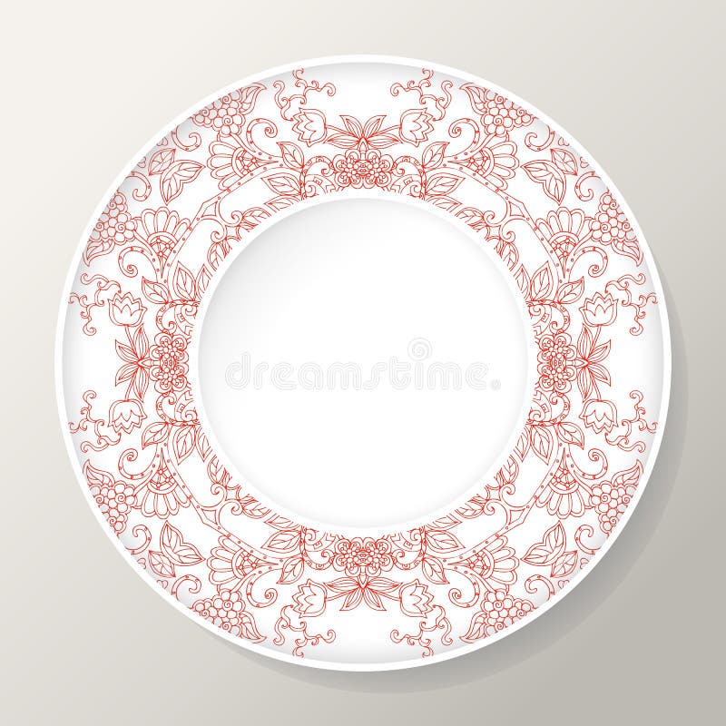 Decorative Plate with Ornamental Border by Red Lines. Vector ...